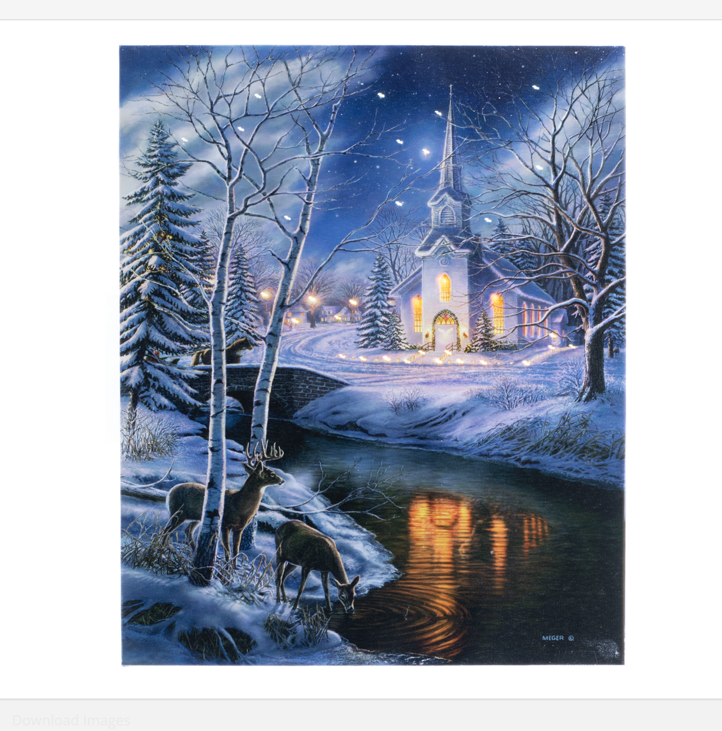 Lighted LED Winter Scene Picture Peaceful Church with River and Deer